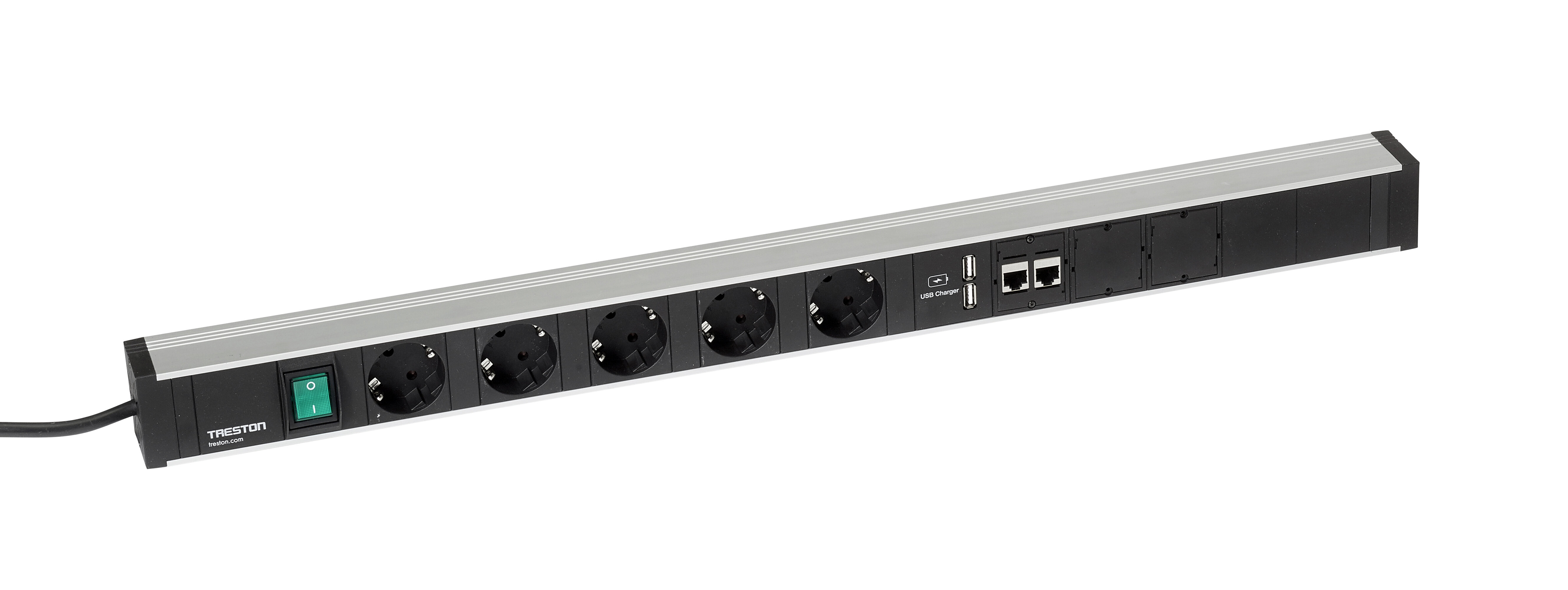 Power rail 683mm 5 sockets+switch+2USB+2xCAT6A | Treston